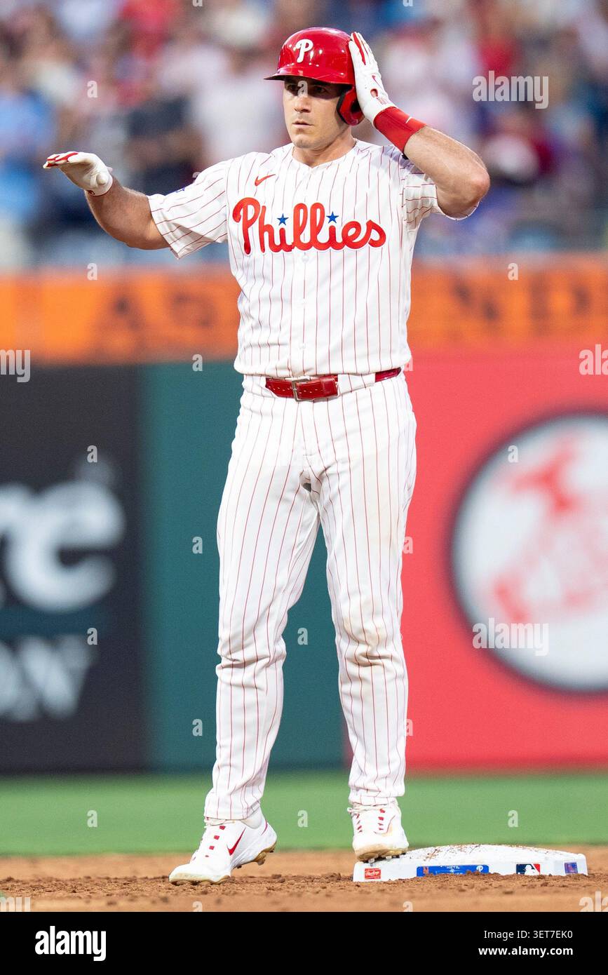 Philadelphia Phillies' J.T. Realmuto reacts to his double during the ...