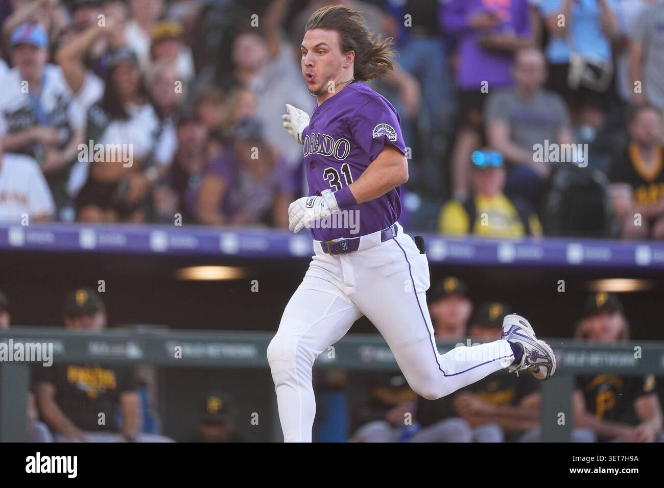Colorado Rockies right fielder Jake McCarthy (31) in the first inning ...