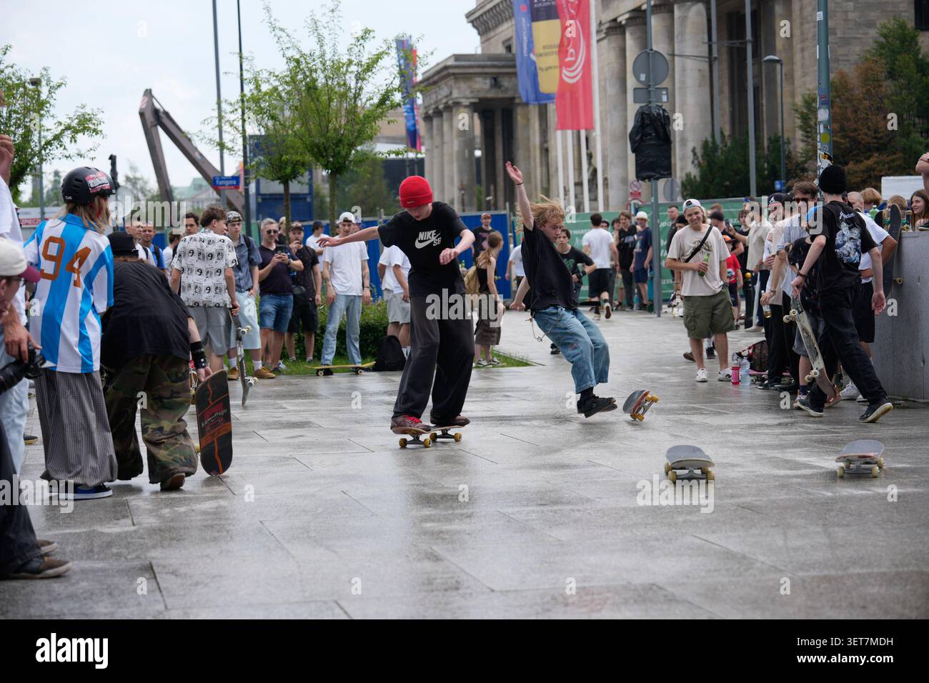 Skateboarders are seen in central Warsaw, Poland on 21 June, 2026 ...