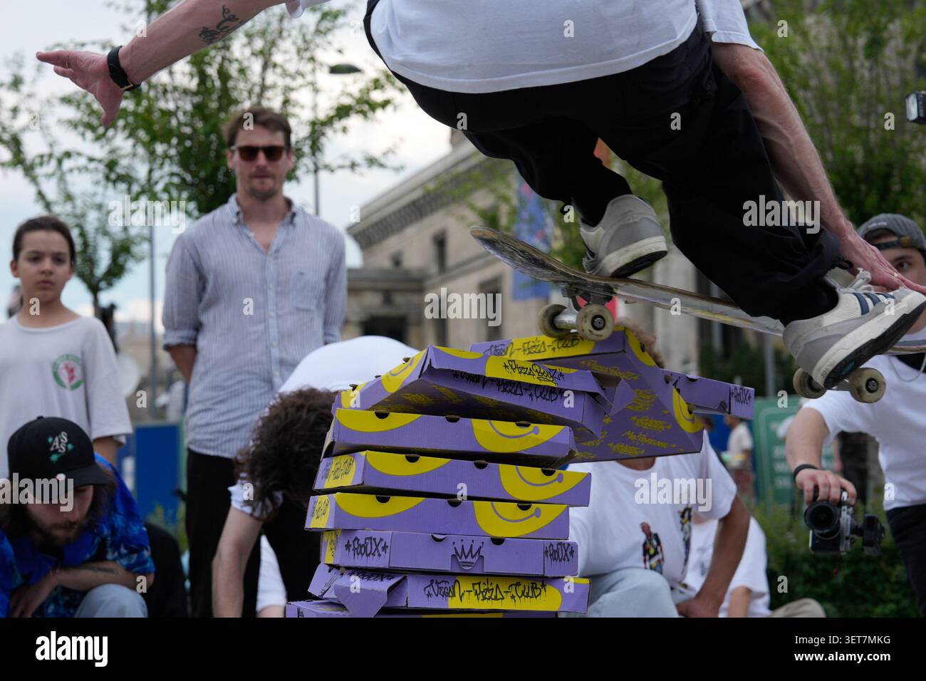 Skateboarders are seen in central Warsaw, Poland on 21 June, 2026 ...
