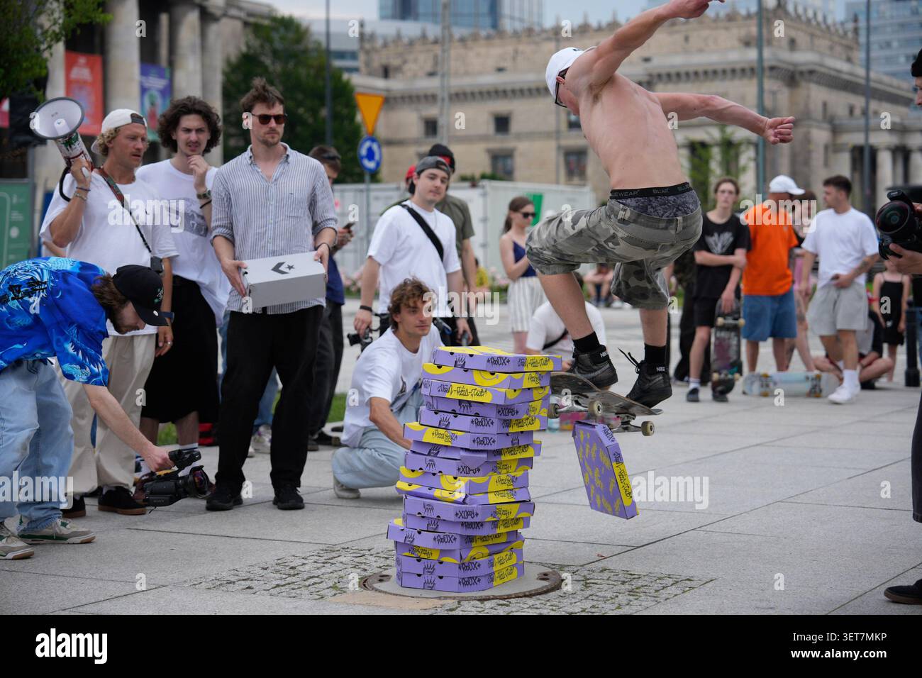 Skateboarders are seen in central Warsaw, Poland on 21 June, 2026 ...
