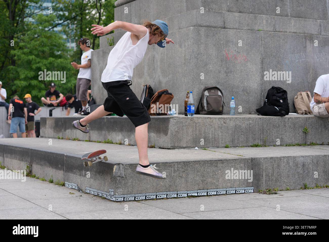 Skateboarders are seen in central Warsaw, Poland on 21 June, 2026 ...
