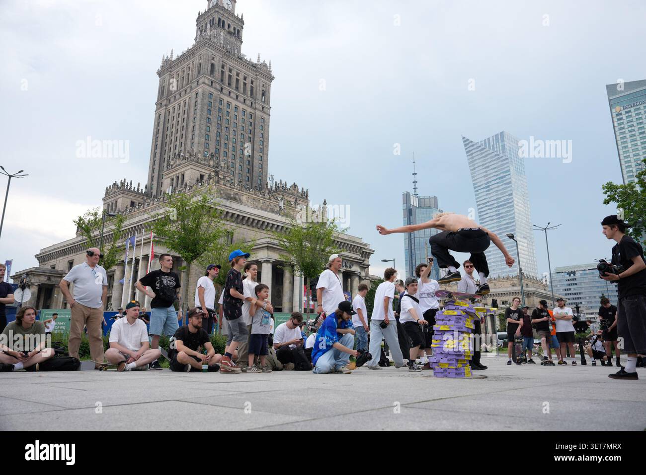 Skateboarders are seen in central Warsaw, Poland on 21 June, 2026 ...