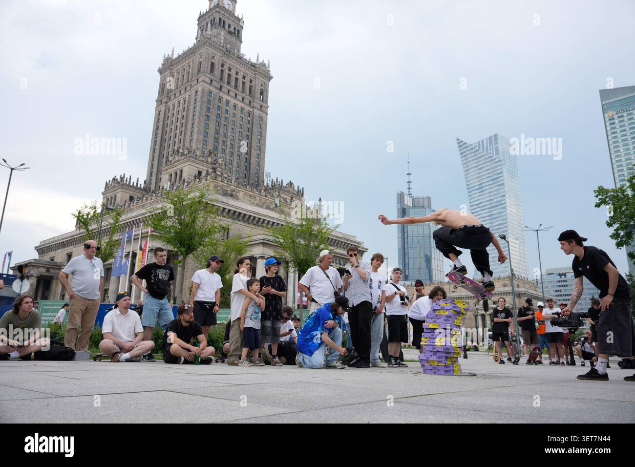 Skateboarders are seen in central Warsaw, Poland on 21 June, 2026 ...