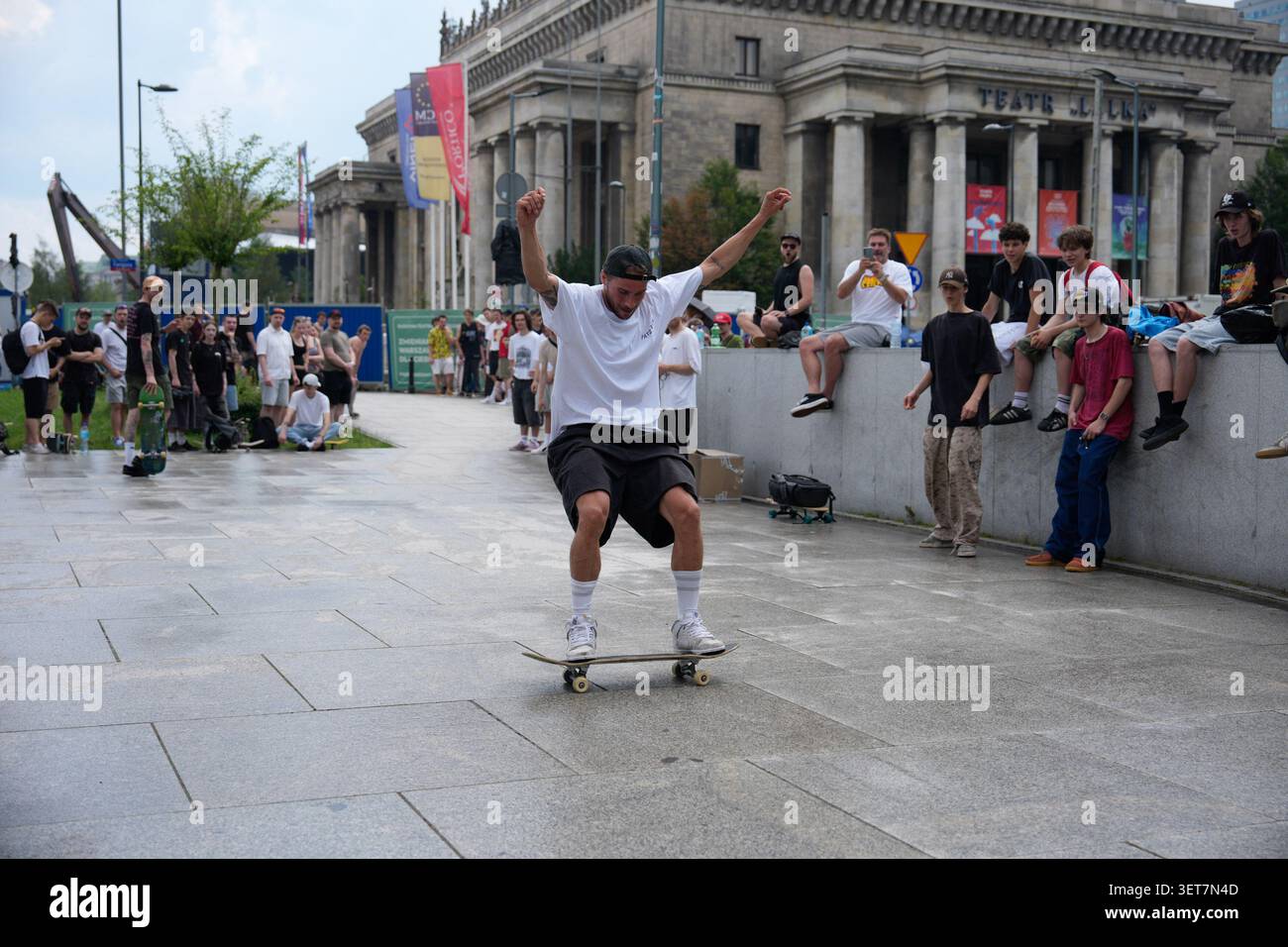 Skateboarders are seen in central Warsaw, Poland on 21 June, 2026 ...