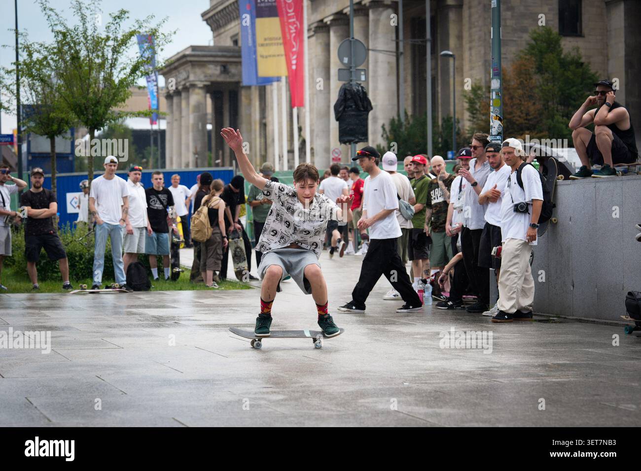 Skateboarders are seen in central Warsaw, Poland on 21 June, 2026 ...
