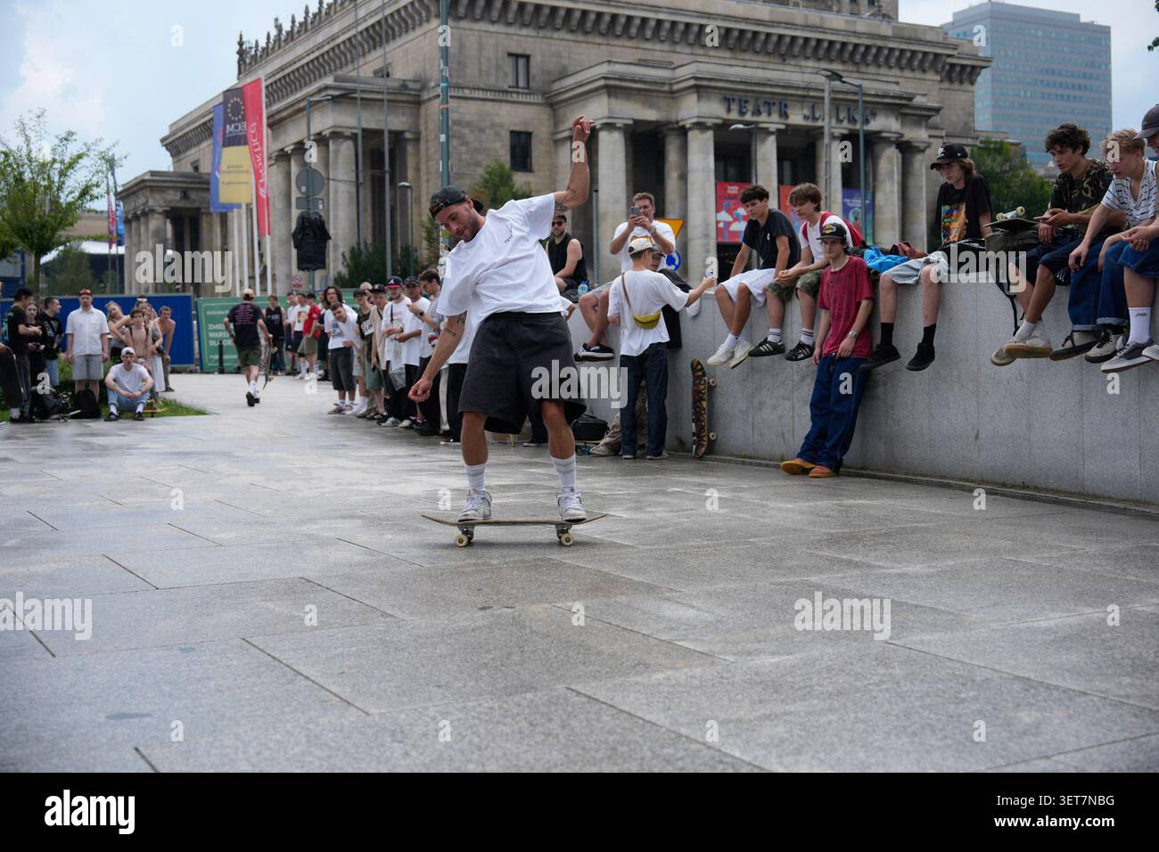 Skateboarders are seen in central Warsaw, Poland on 21 June, 2026 ...