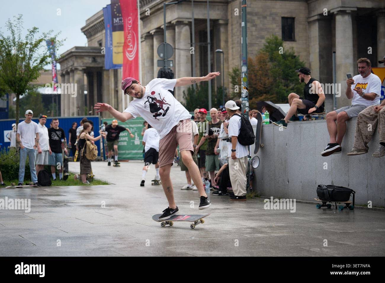 Skateboarders are seen in central Warsaw, Poland on 21 June, 2026 ...