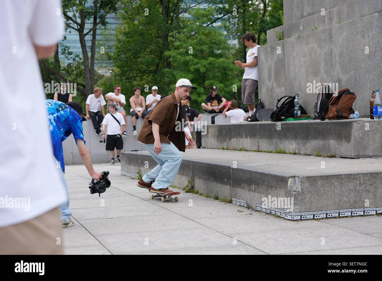 Skateboarders are seen in central Warsaw, Poland on 21 June, 2026 ...