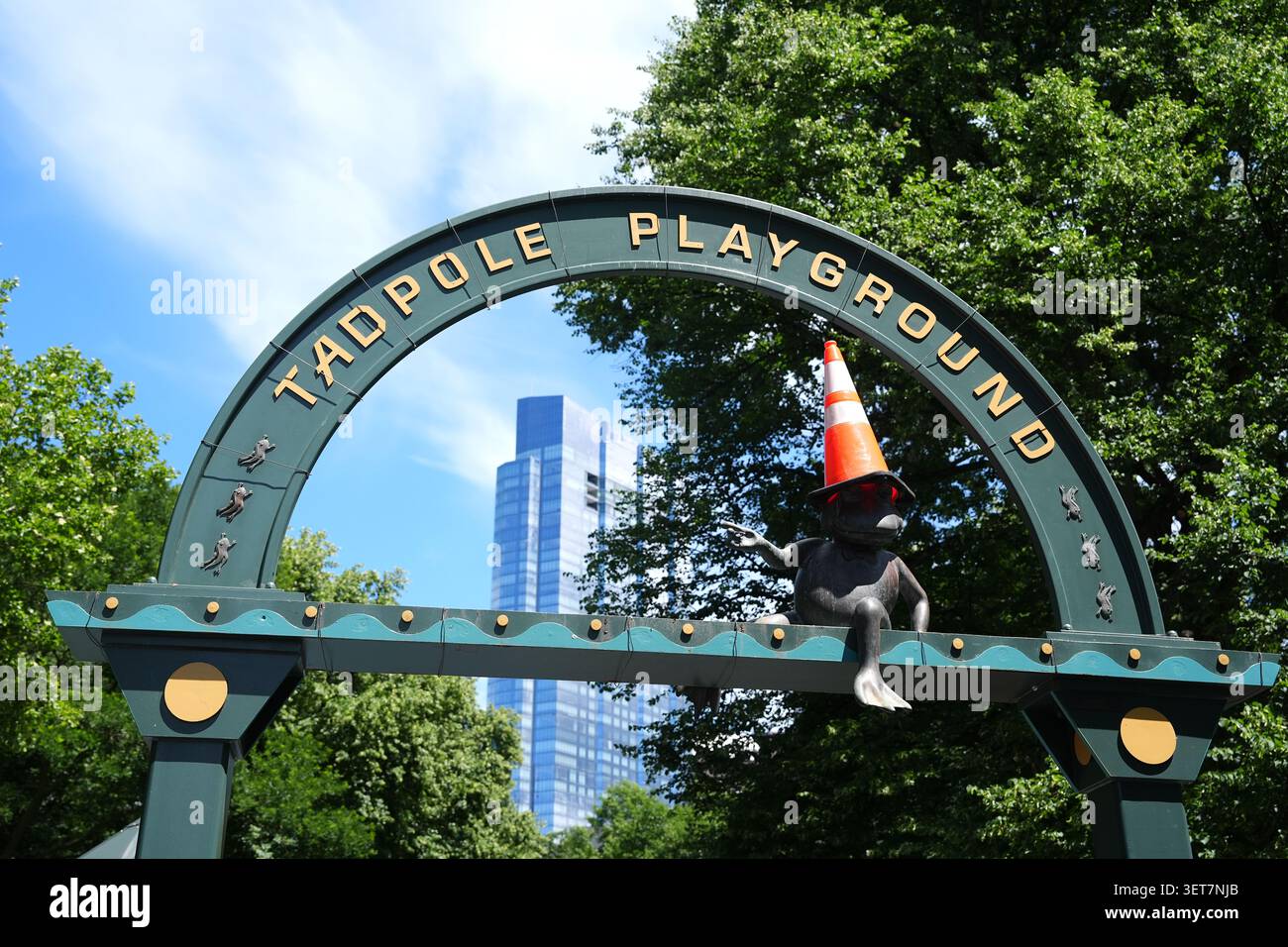A orange cone on a statue by Tadpole Playground in Boston. Orange ...