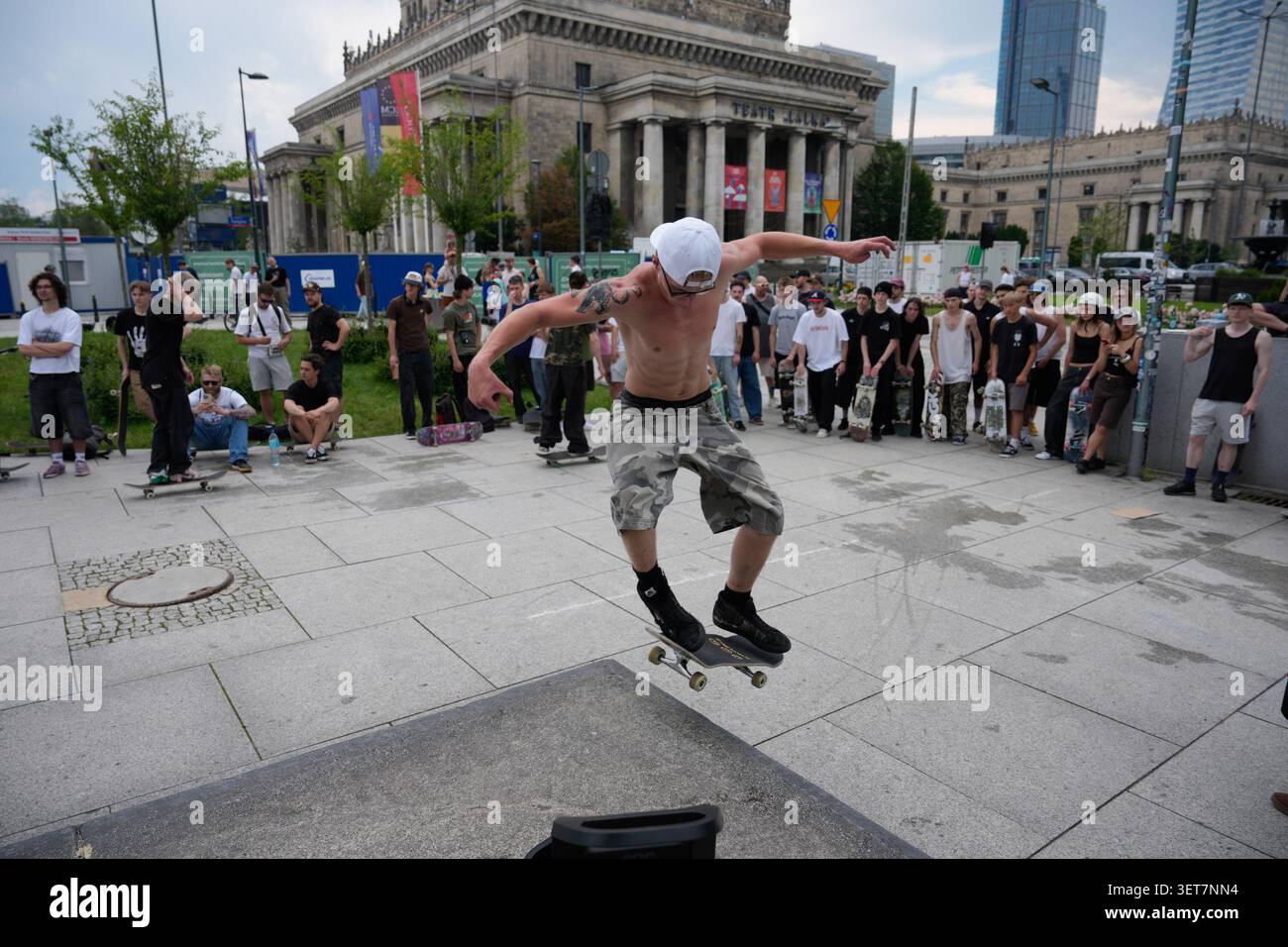 Skateboarders are seen in central Warsaw, Poland on 21 June, 2026 ...