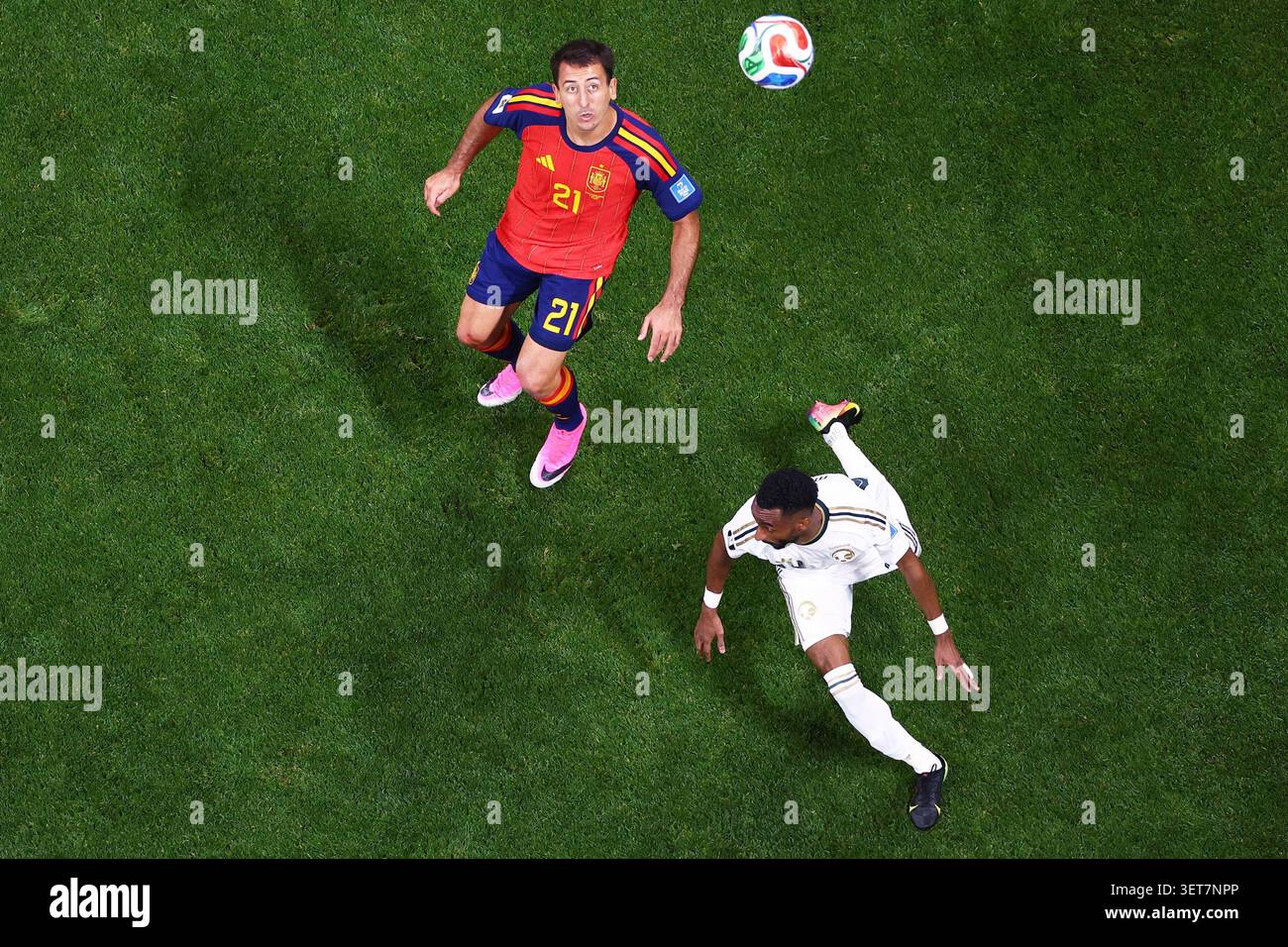 Spain's Mikel Oyarzabal (21) waits for the ball to drop as he competes ...