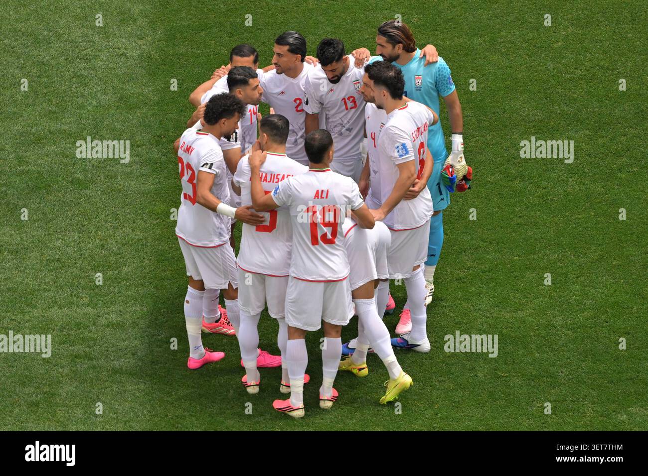 Iranian players huddle before the World Cup Group G soccer match ...
