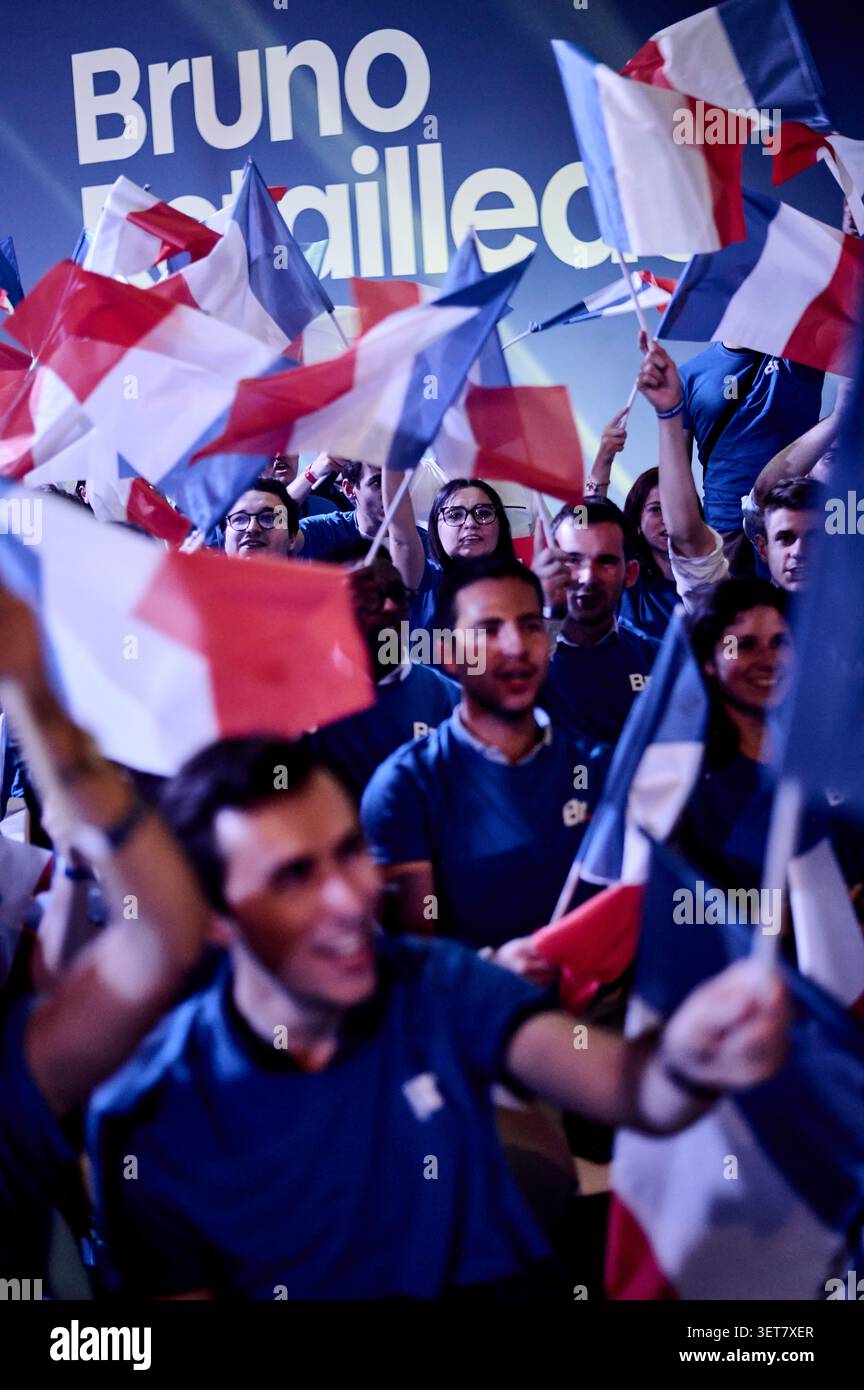 Militants at Bruno Retailleau's rally in Vincennes on June 20, 2026, as ...