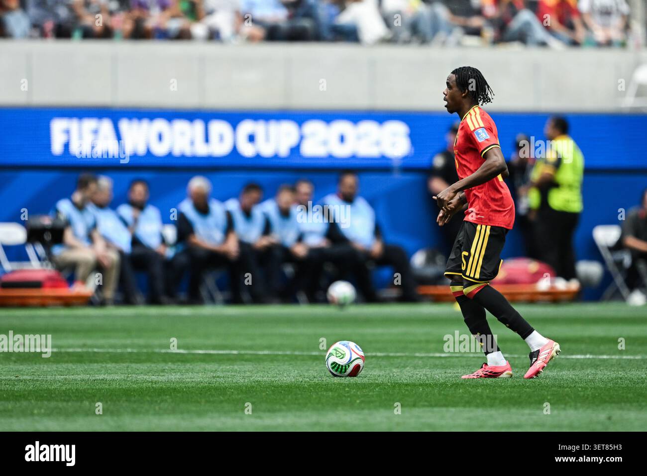 Nathan Ngoy of Belgium runs with the ball during a FIFA Men’s World Cup ...