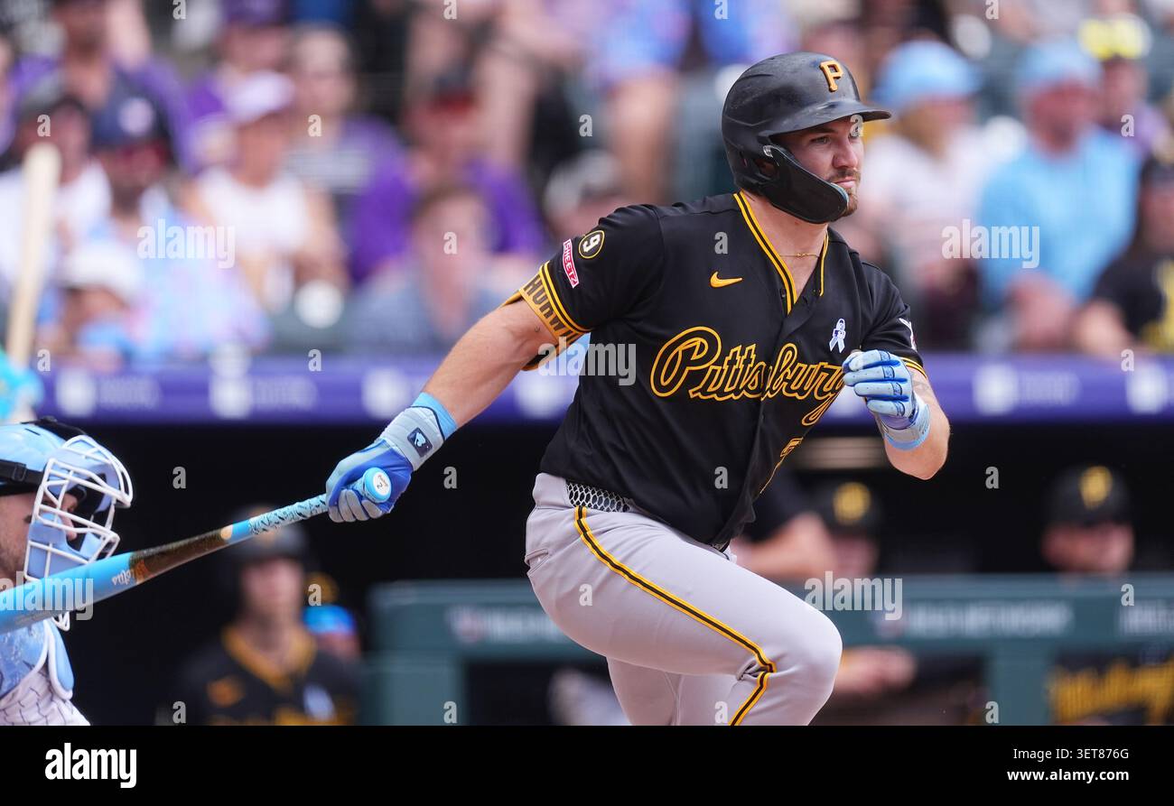 Pittsburgh Pirates' Spencer Horwitz watches his single off Colorado ...