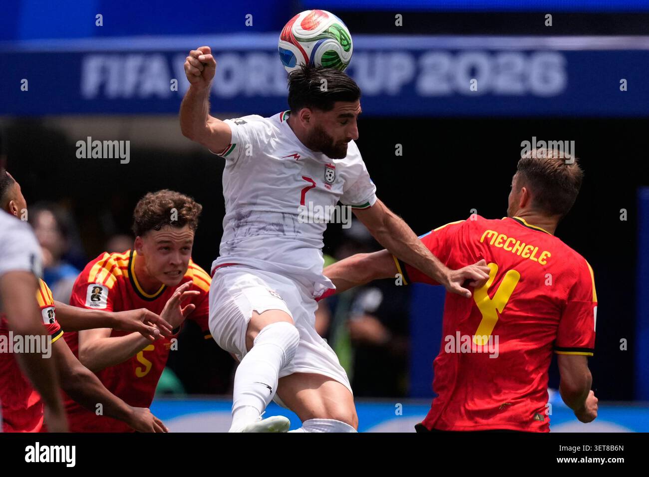 Iran's Alireza Jahanbakhsh (7) goes for a header during the World Cup ...