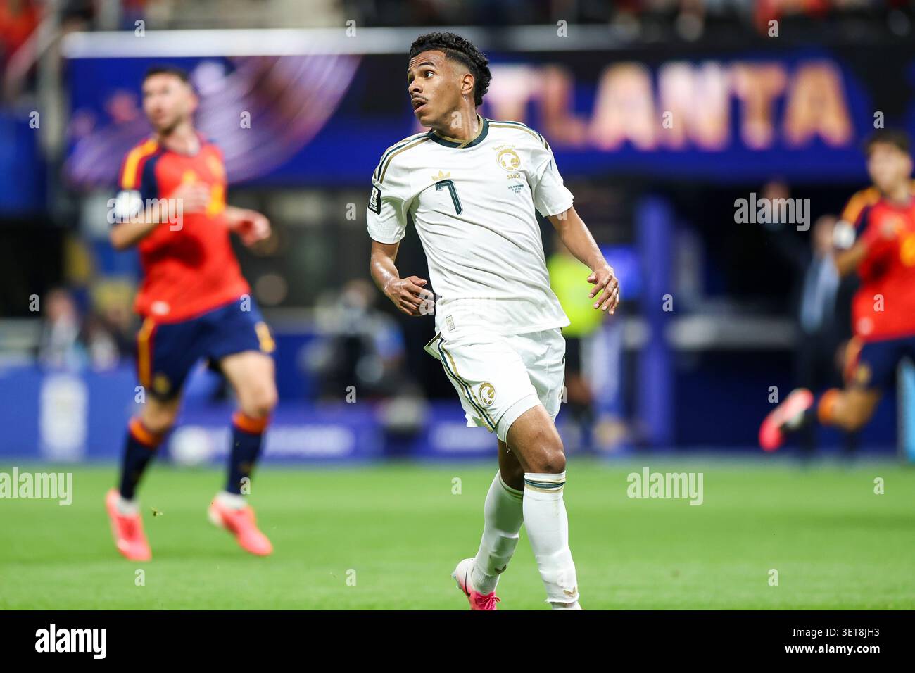 Saudi Arabia midfielder Musab Al-Juwayr (7) looks on after the ball ...
