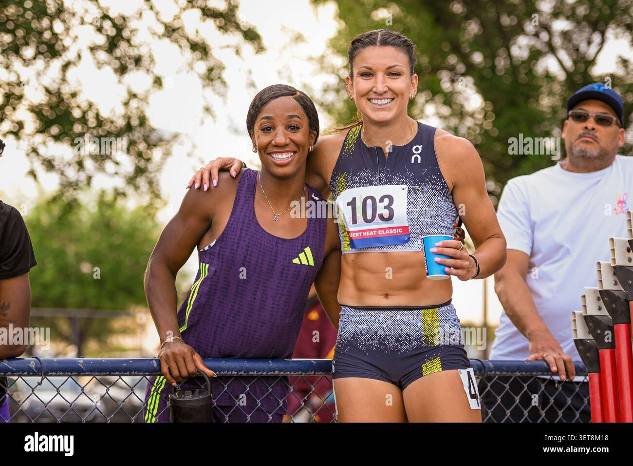 Jenna Prandini of On and Kendra Harrison of Aidas pose for photo after ...
