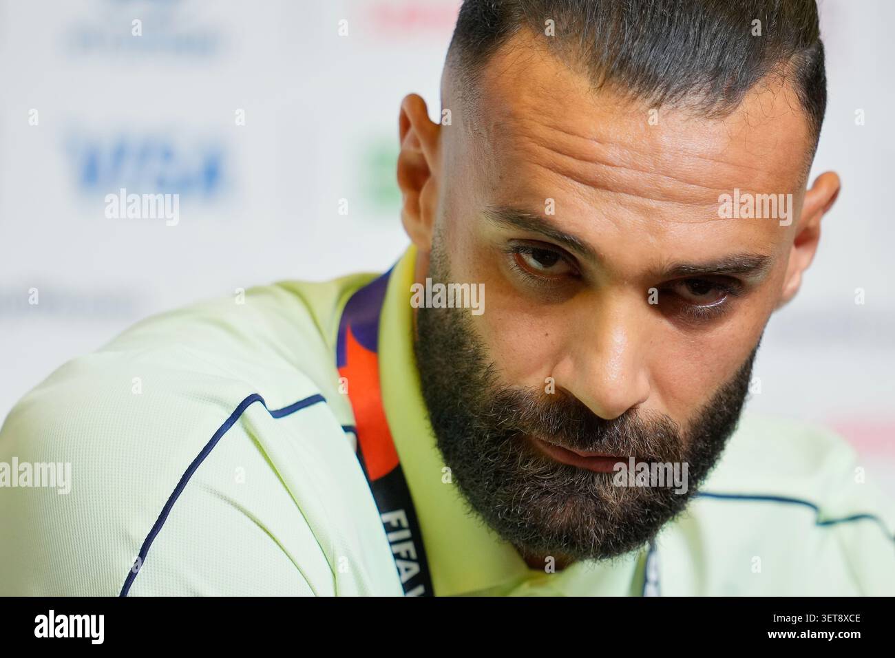 Jordan defender Yazan Al-Arab attends a news conference ahead of a ...