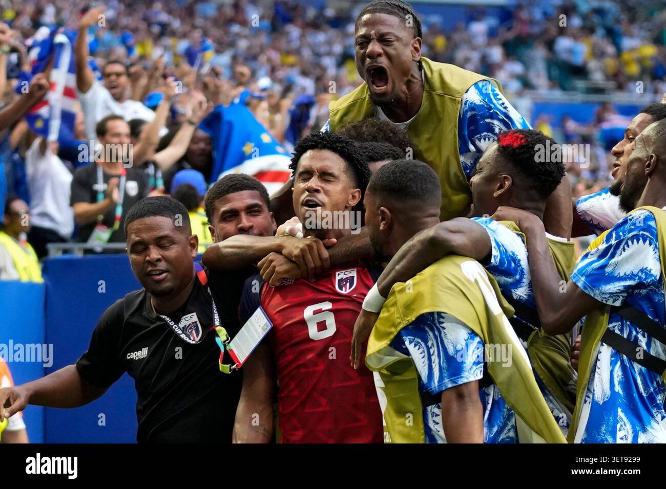 Cape Verde's Kevin Pina, center, celebrates with teammates after ...