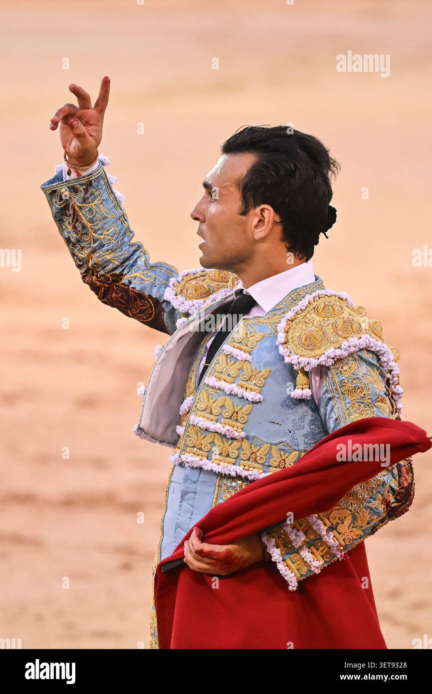 Bullfighter Cristian Perez seen during the bullfight with bulls from ...