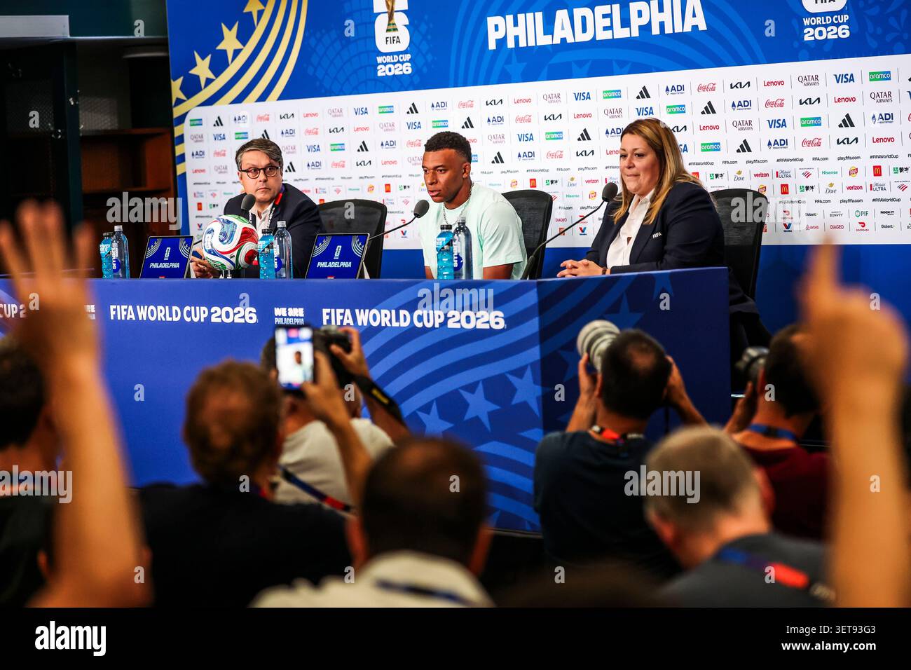 Raphael RAYMOND media manager and Kylian MBAPPE of France during the ...