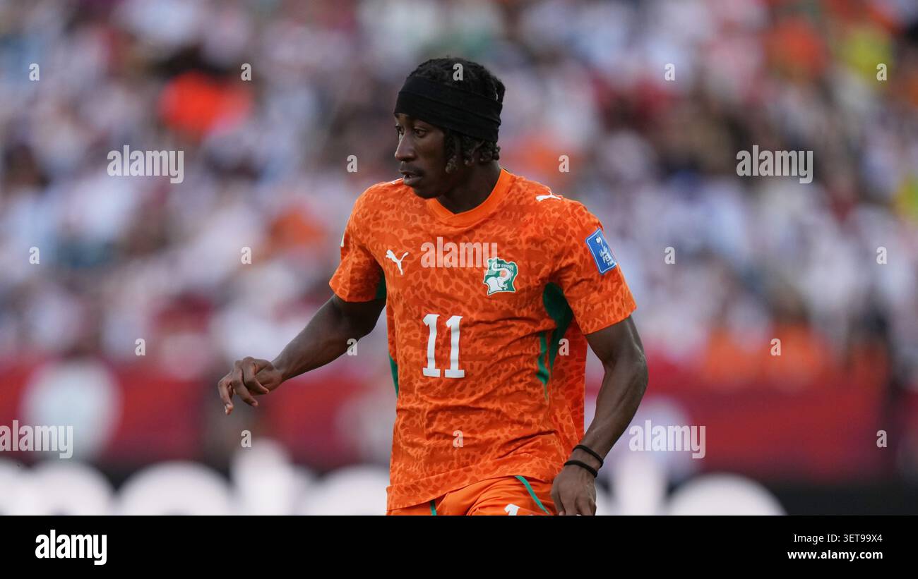 Ivory Coast's Yan Diomande (11) controls the ball during the World Cup ...