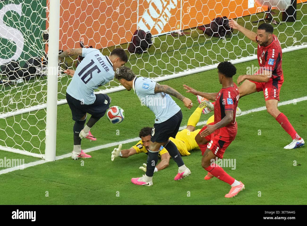 Uruguay's Maxi Araujo, 2nd left, makes an attempt to score against Cape ...