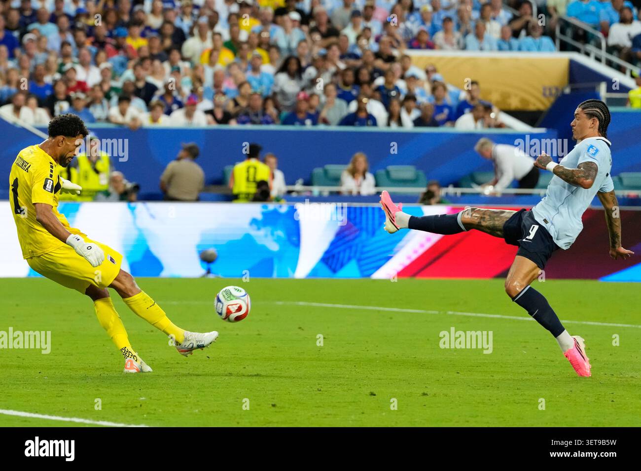 Cape Verde goalkeeper Vozinha (1) kicks the ball clear of Uruguay's ...