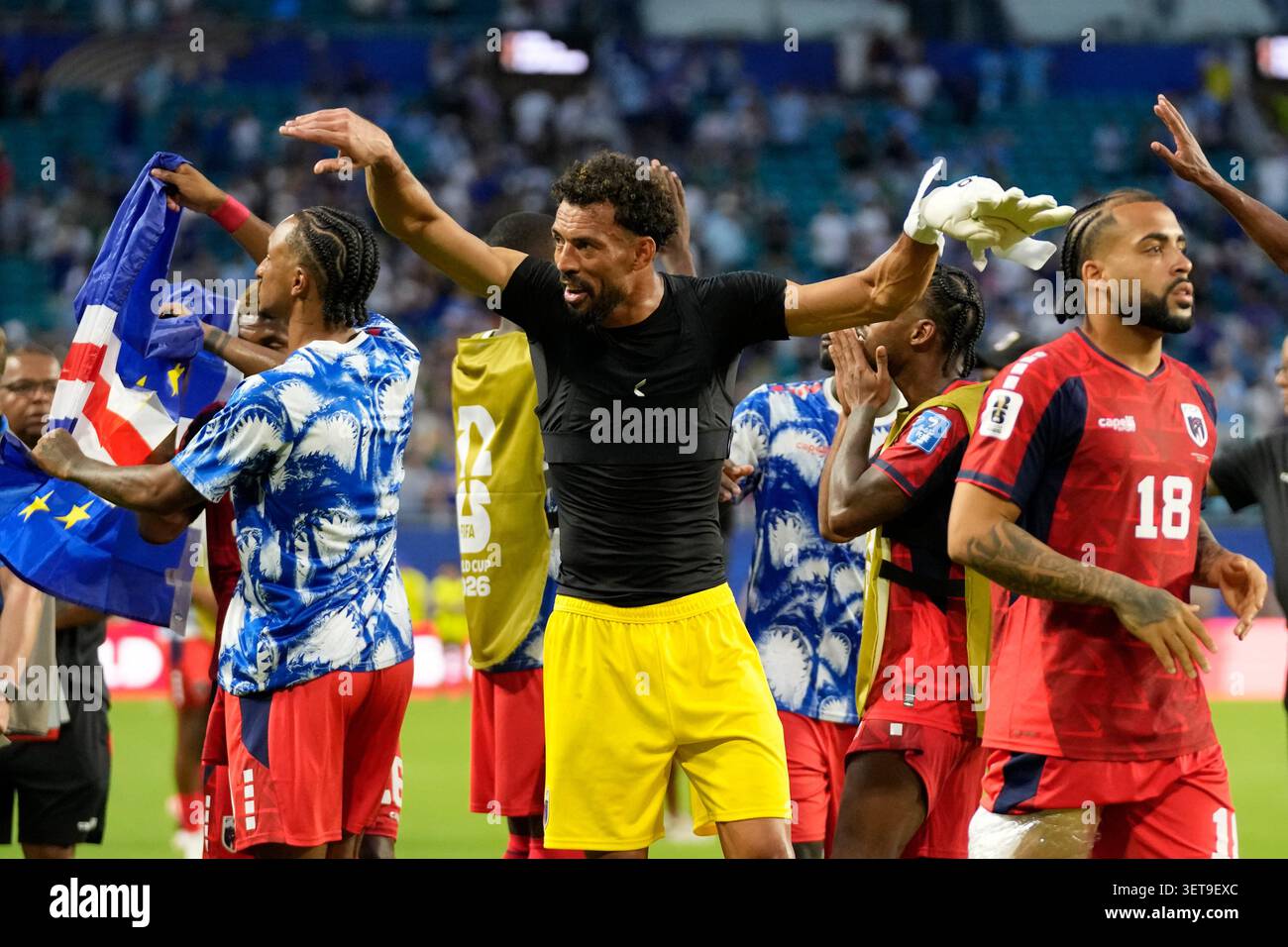 Cape Verde goalkeeper Vozinha, center, celebrates at the end of the ...