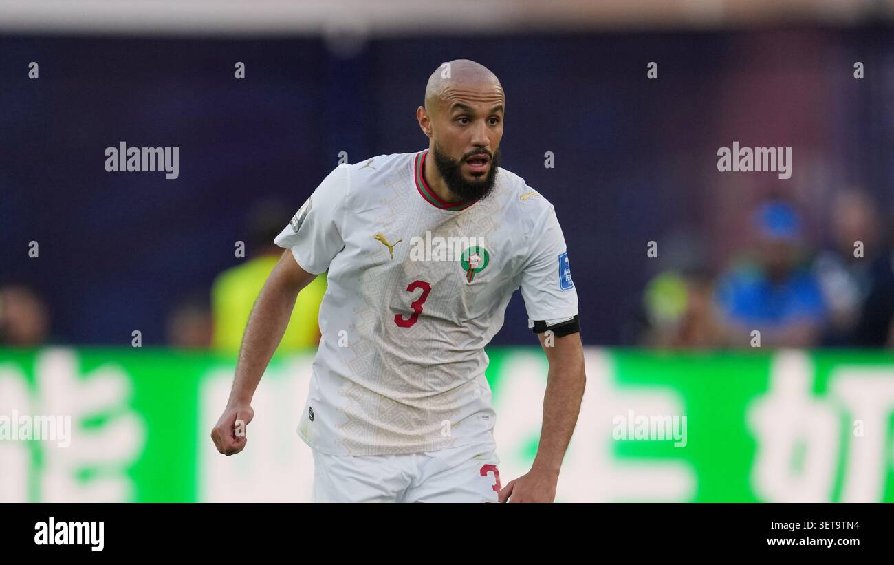 Morocco's Noussair Mazraoui (3) runs with the ball during the World Cup ...