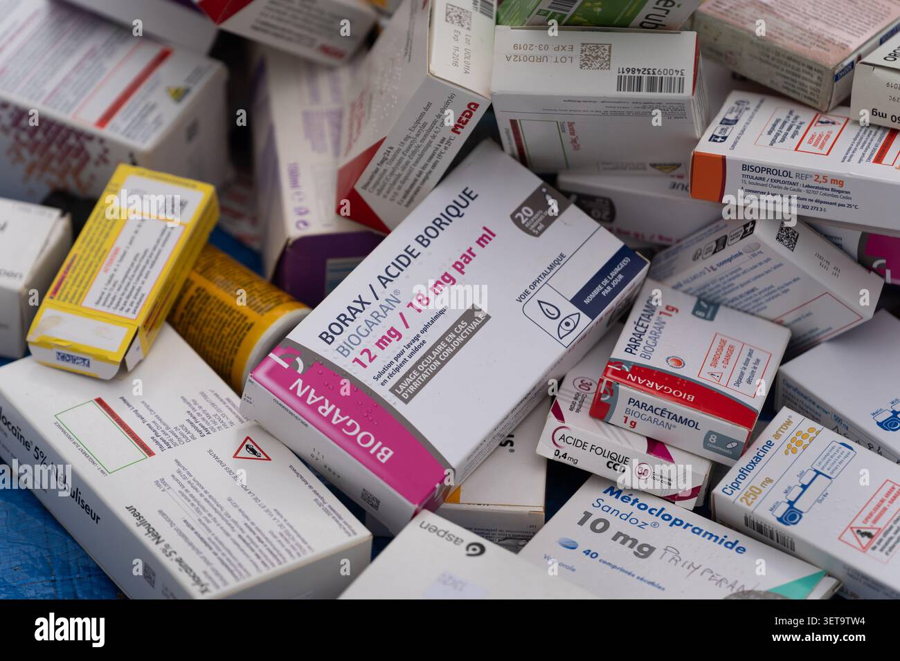 A box of Borax Boric acid pils in a heap of other boxes. Bulk medicines ...