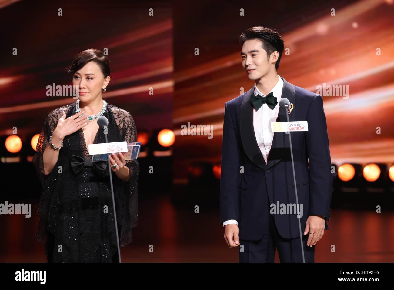 Chinese actors Carina Lau and Yu Shi present awards during the 28th ...