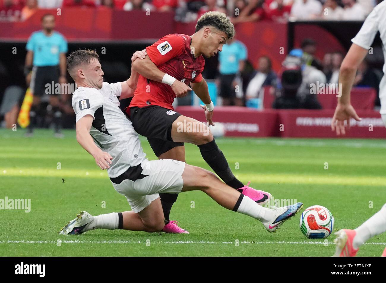 New Zealand's Callum McCowatt (20) tackles Egypt's Emam Ashour (8 ...