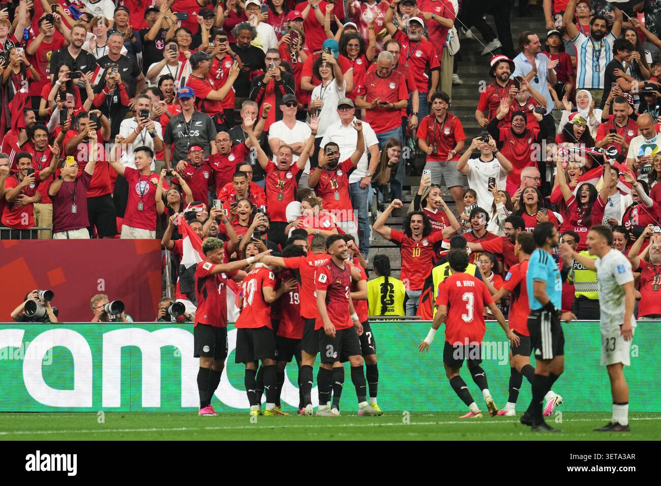 Egypt players celebrate after Trezeguet (7) scored his side's third ...