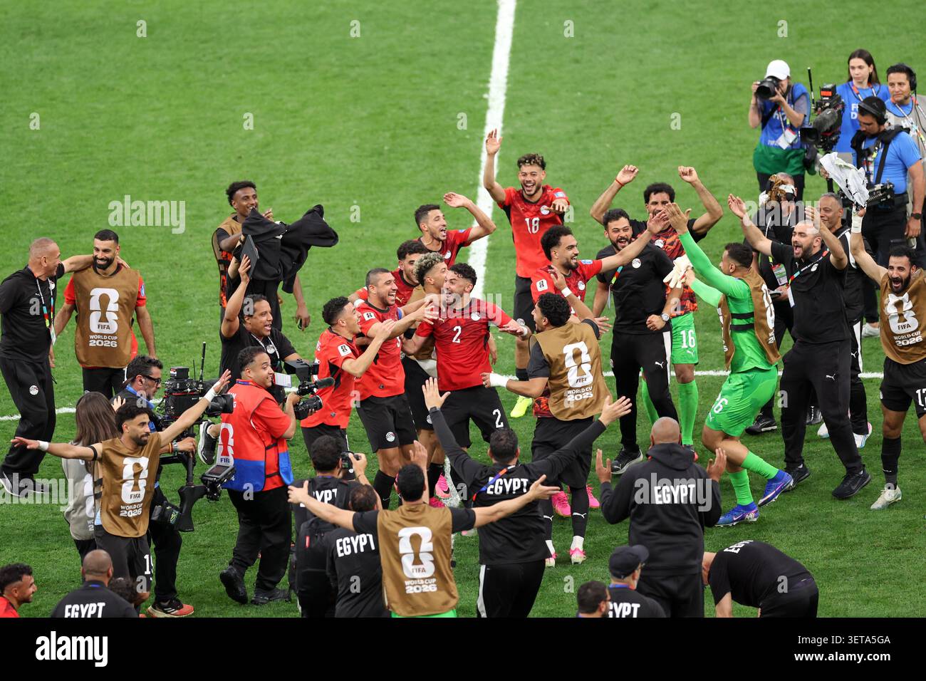 Members of the Egyptian team celebrate after the World Cup Group G ...