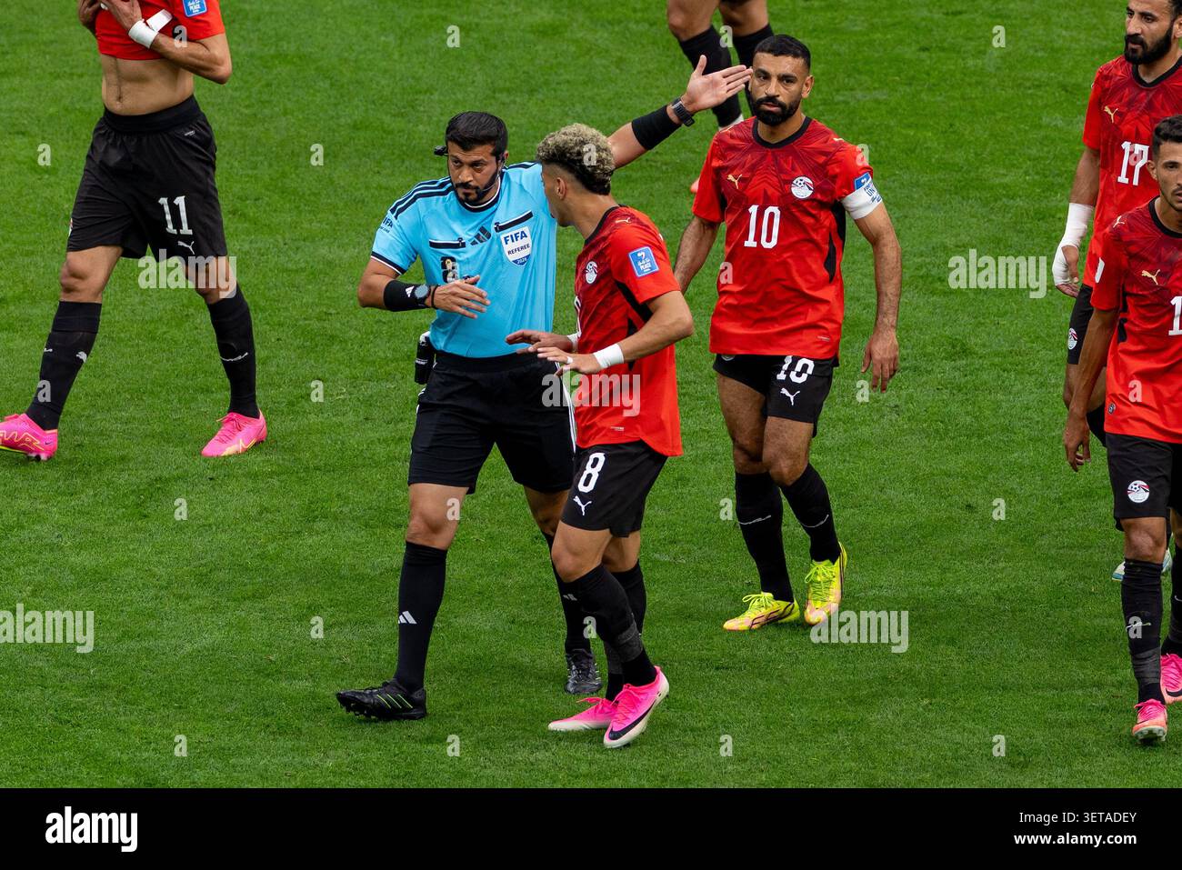 Egypt's Emam Ashour (8) challenges a referee during the first half of a ...