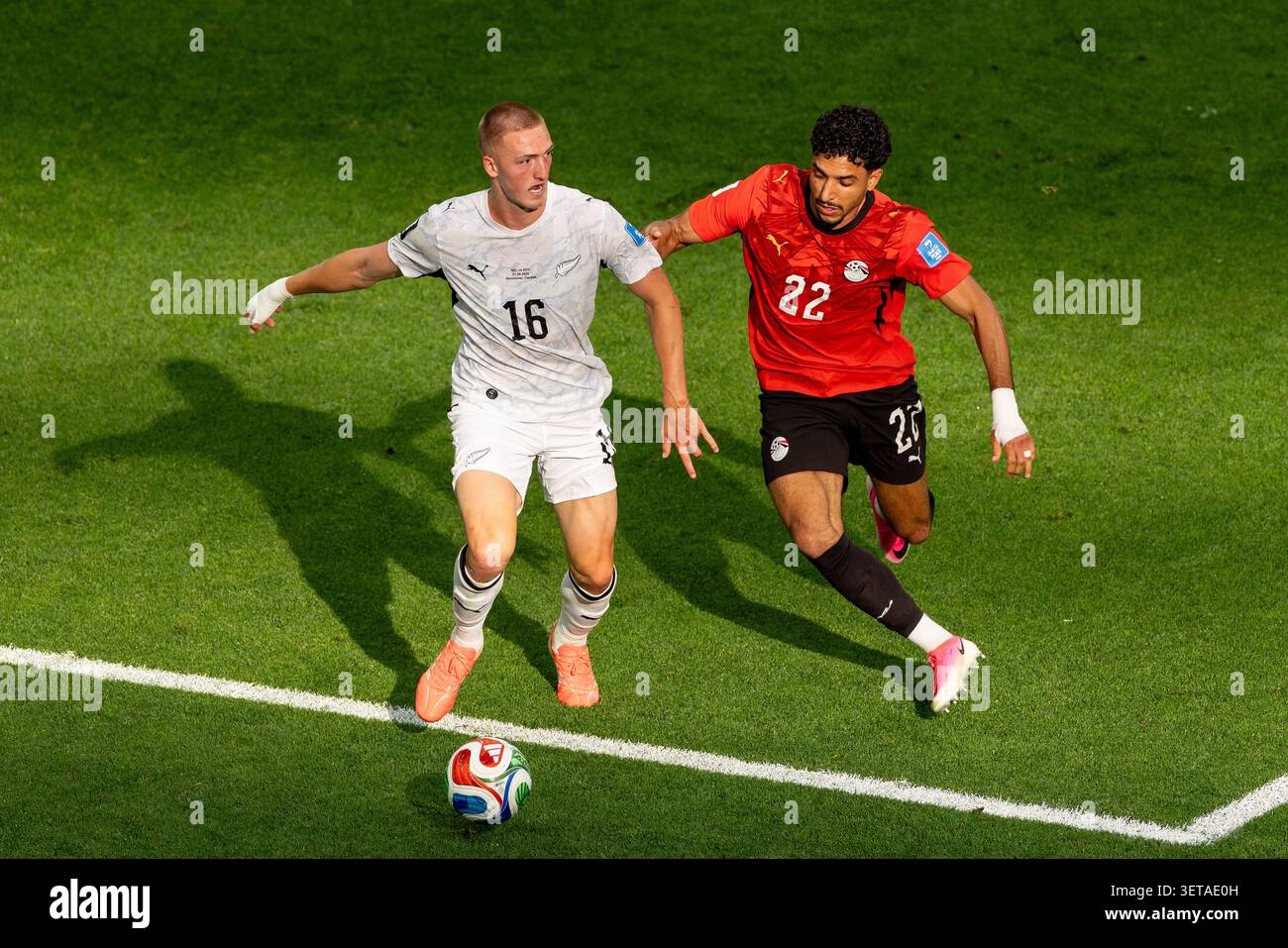 Egypt's Omar Marmoush (22) challenges New Zealand's Finn Surman (16 ...