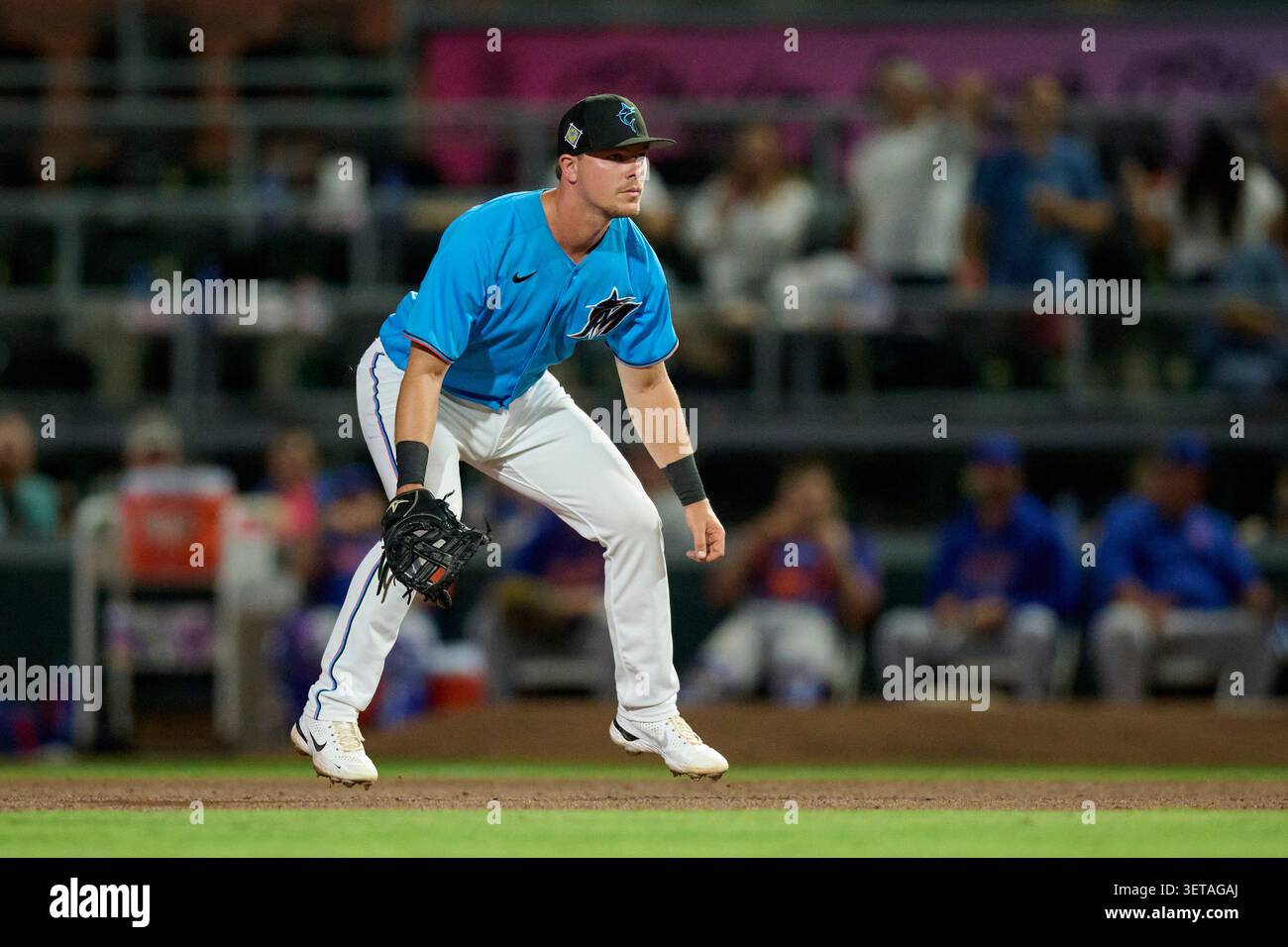 Miami Marlins first baseman Troy Johnston (46) on defense during an MLB ...