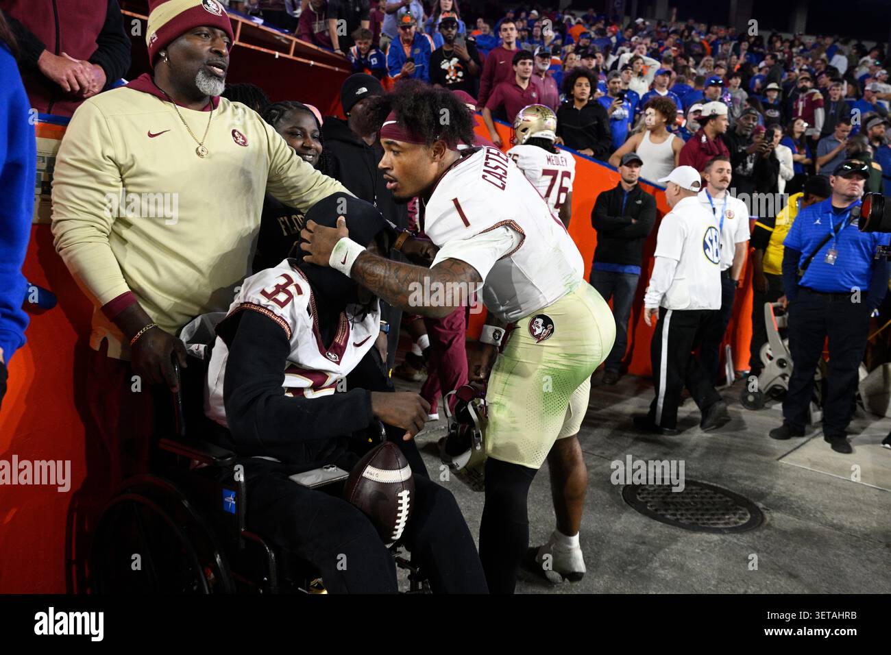 Florida State linebacker Ethan Pritchard (35) greets quarterback Tommy ...