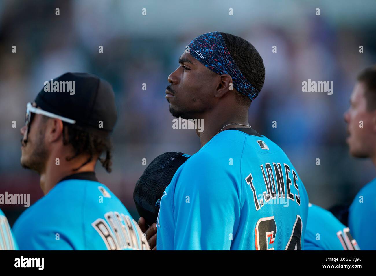Miami Marlins Thomas Jones (64) during the national anthem before an ...