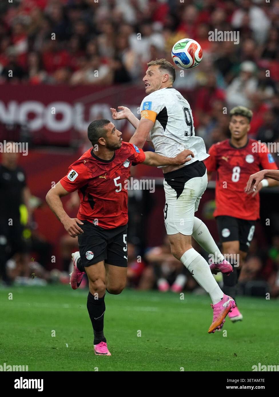 New Zealand's Chris Wood (9) heads the ball as Egypt's Ramy Rabia (5 ...