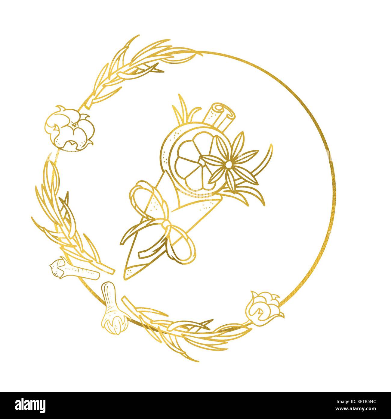 Golden raster wreath with mulled wine ingredients graphic isolated on ...