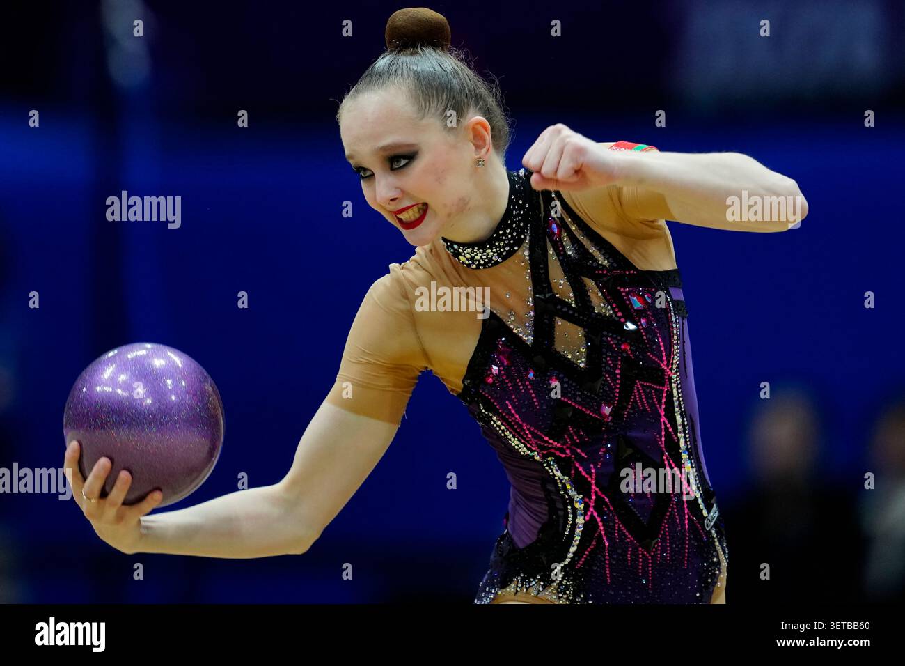 Hanna Kamenshchykava of Belarus performs her ball routine during ...