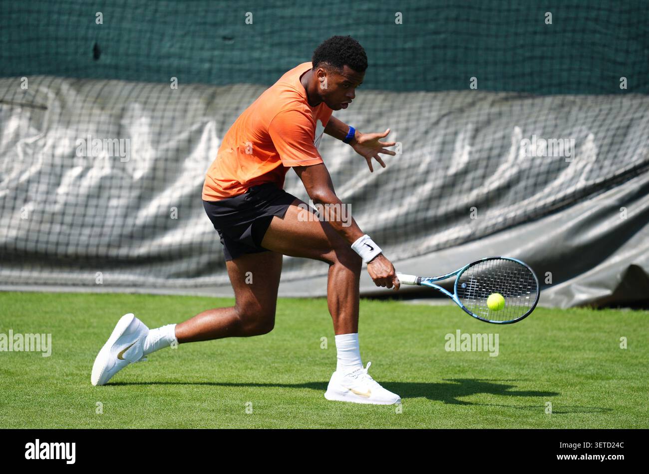 Giovanni Mpetshi Perricard practising ahead of the 2026 Wimbledon ...
