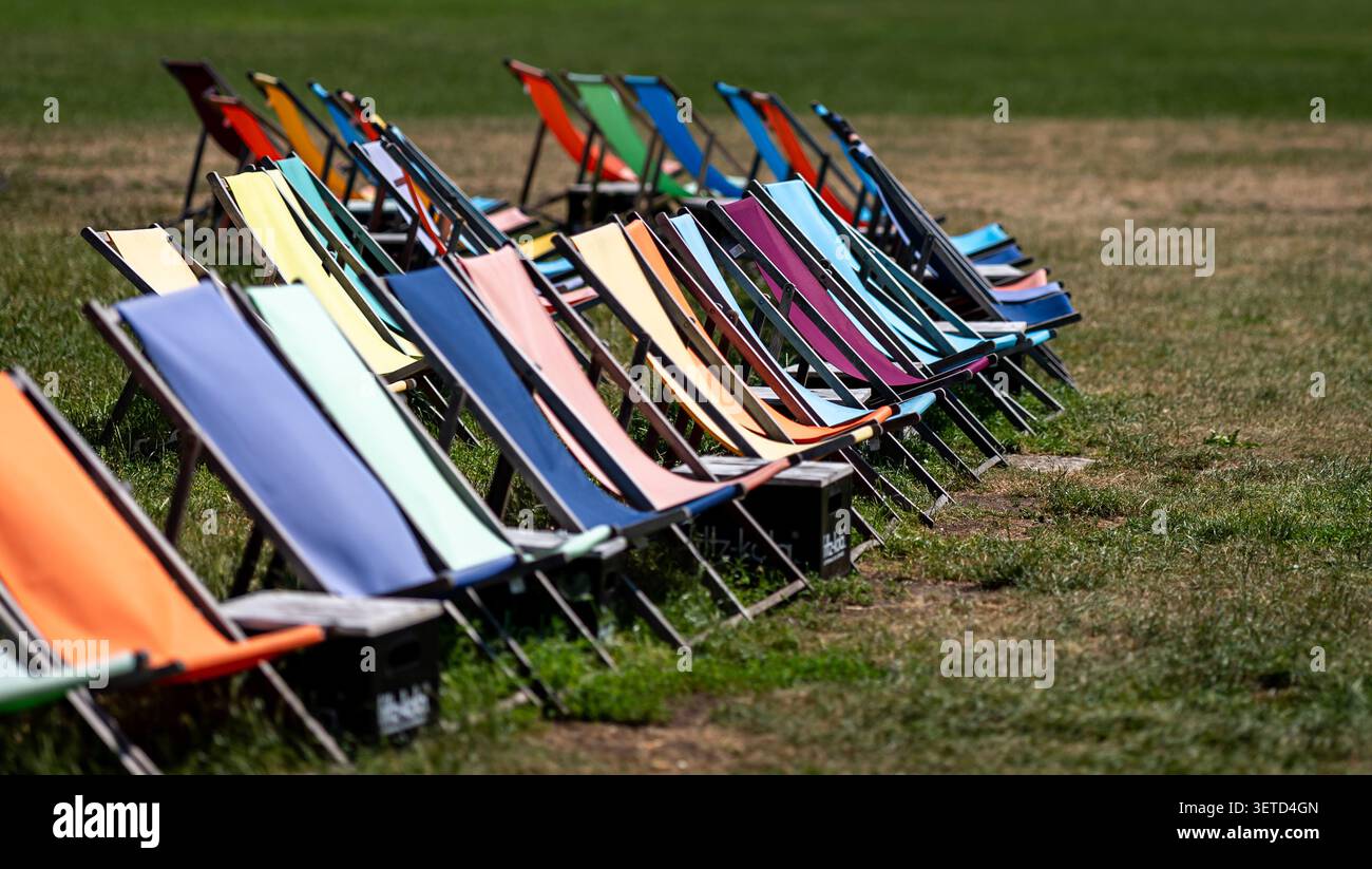 22 June 2026, Bavaria, Nuremberg: Colorful lounge chairs stand ...