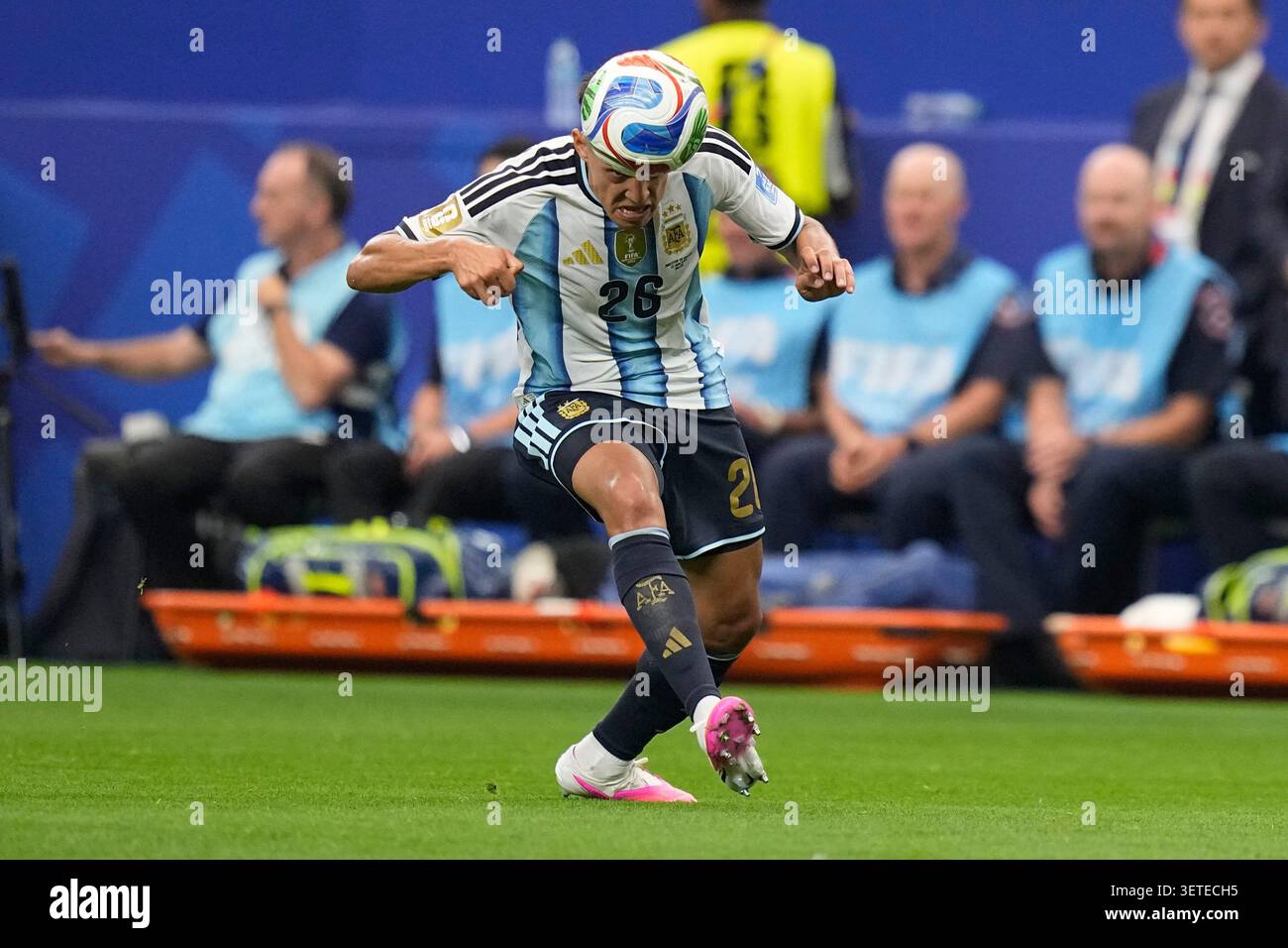 Argentina's Nahuel Molina (26) heads the ball during the World Cup ...