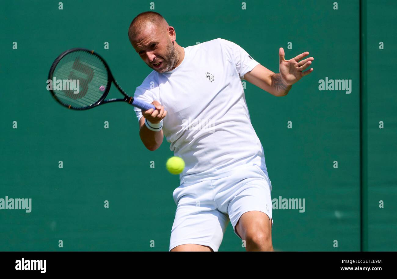 LONDON, - JUNE 22: Dan Evans in his final Wimbledon plays a forehand ...