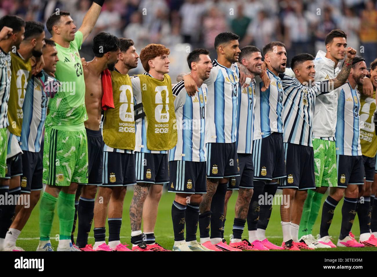 Argentina's Lionel Messi (10), center, celebrates with teammates after ...